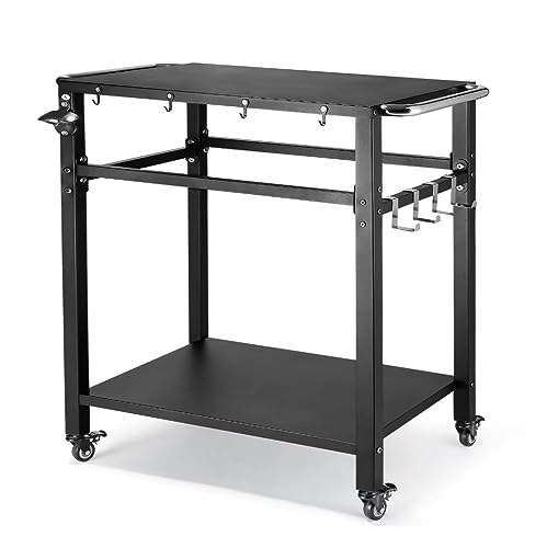 Outdoor Grill Table with Storage for Patio,Double-Shelf Movable Kitchen Cart Island Table on Wheels,20" x 30" Multifunctional Commercial Kitchen BBQ Food Prep Worktable for Grill (Double Layer Black)