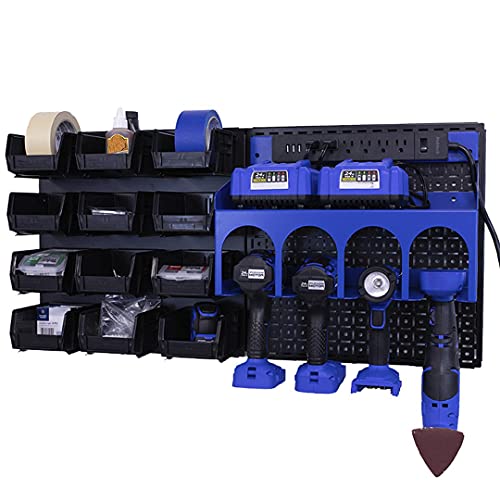 OmniWall PowerStation- 32"x16" Metal Pegboard Wall Storage With Bin Storage For Cordless Drills Black/Blue