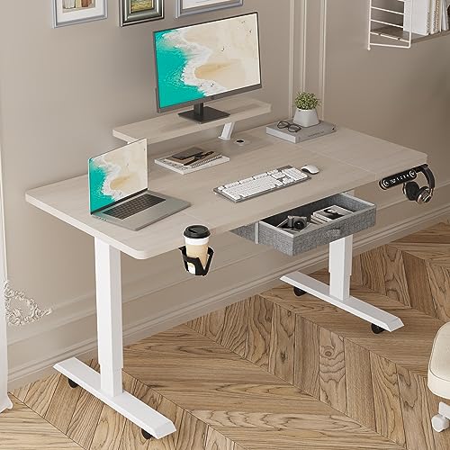 BUNOEM Height Adjustable Electric Standing Desk with One Drawer, Table with Storage Shelf, Sit & Stand Home Office Desk with Storage Space (Oak, 55x30)