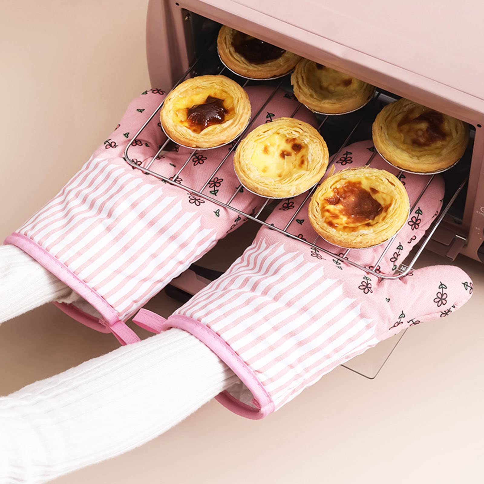 Pink Kitchen Oven Mitts, 2 Piece Set Extra Long Professional Heat Resistant Pink Kitchen Accessories Oven Gloves, 100% Cotton Material Non-Slip