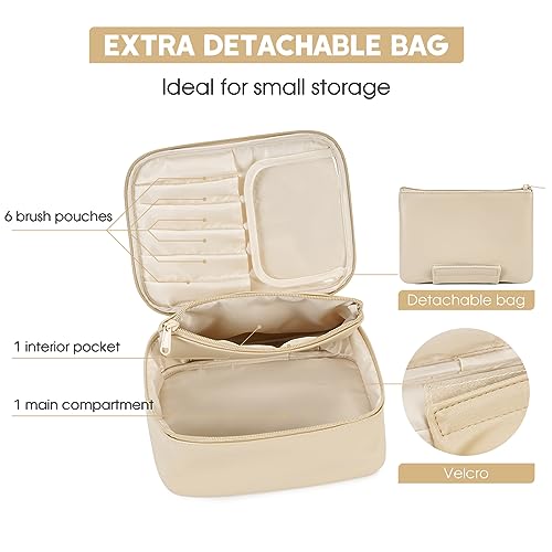 Narwey Vegan Leather Travel Makeup Bag Women Large Cosmetic Bag Make up Case Organizer for Toiletries Cosmetics Accessories (Brown)