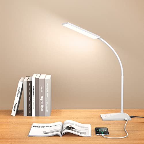 Vansuny LED Desk Lamp with USB Charging Port, Eye-Caring, 5 Color Modes,6 Brightness Levels, Touch Control, Flexible Gooseneck, Memory Function for Dorm Office Work Bedroom (12W,White)