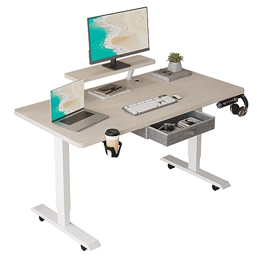 BUNOEM Height Adjustable Electric Standing Desk with One Drawer, Table with Storage Shelf, Sit & Stand Home Office Desk with Storage Space (Oak, 55x30)