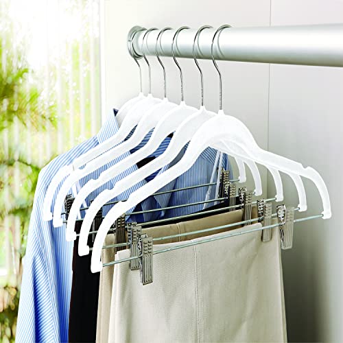 Simplify 6 Pack Velvet Hangers with Clips | Skirt and Pants | Slim Space Saving | Closet Organization | Non-Slip | Prevent Creases | Swivel Neck | Durable | White