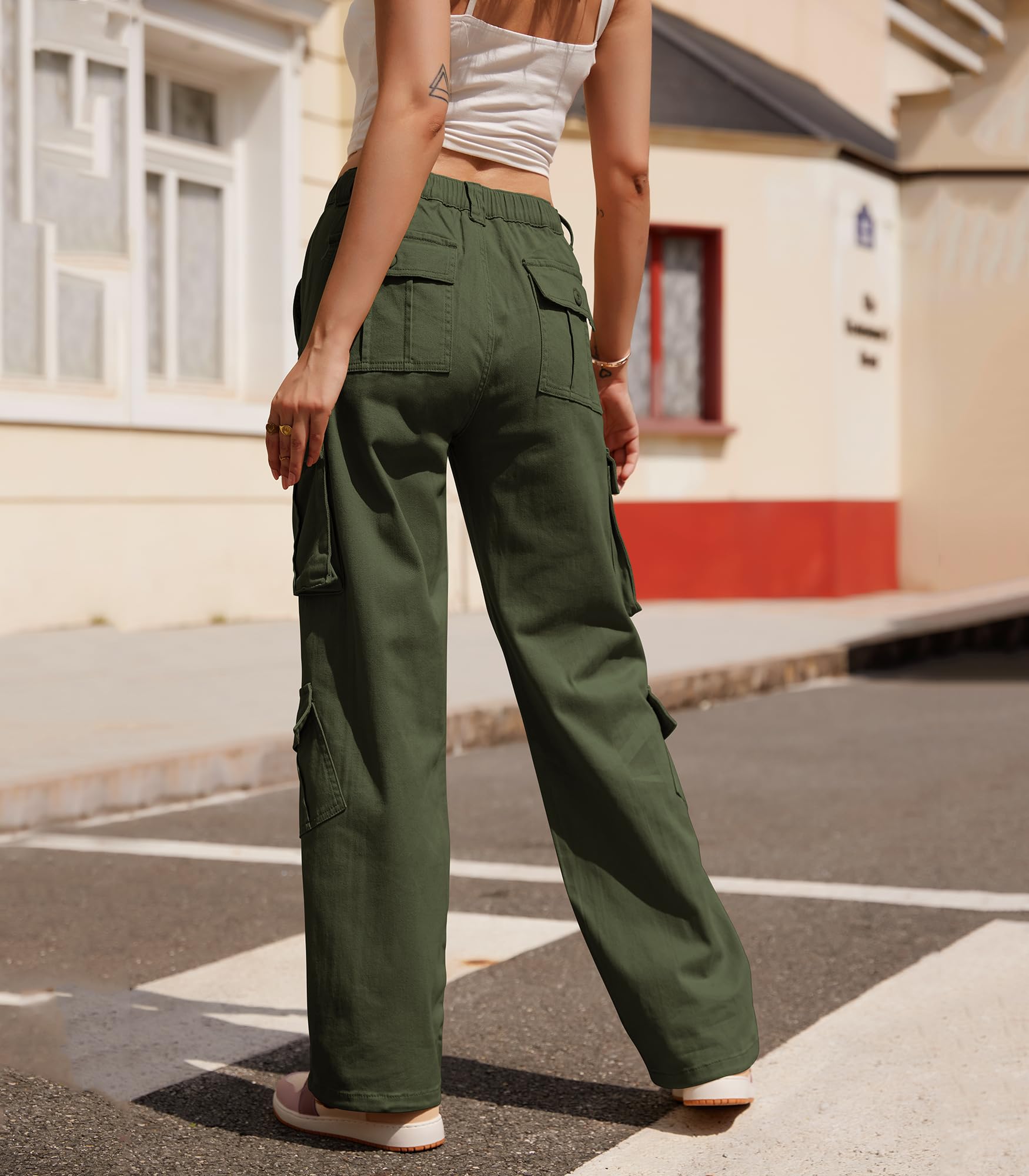 ZMPSIISA Women Pants High Waisted Cargo Pants Combat Military Wide Leg Casual Trousers 8 Pockets(Green,Medium)