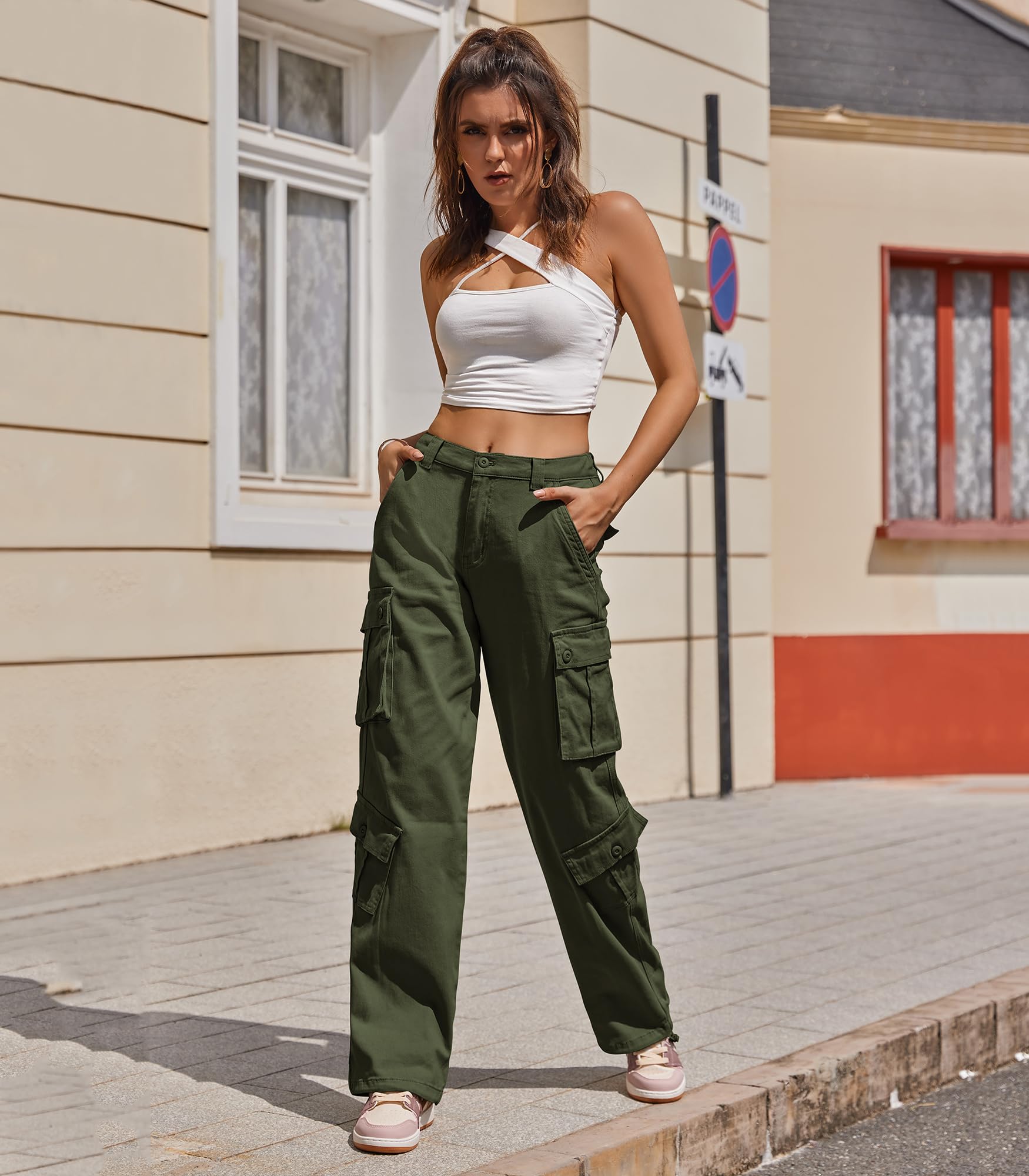 ZMPSIISA Women Pants High Waisted Cargo Pants Combat Military Wide Leg Casual Trousers 8 Pockets(Green,Medium)