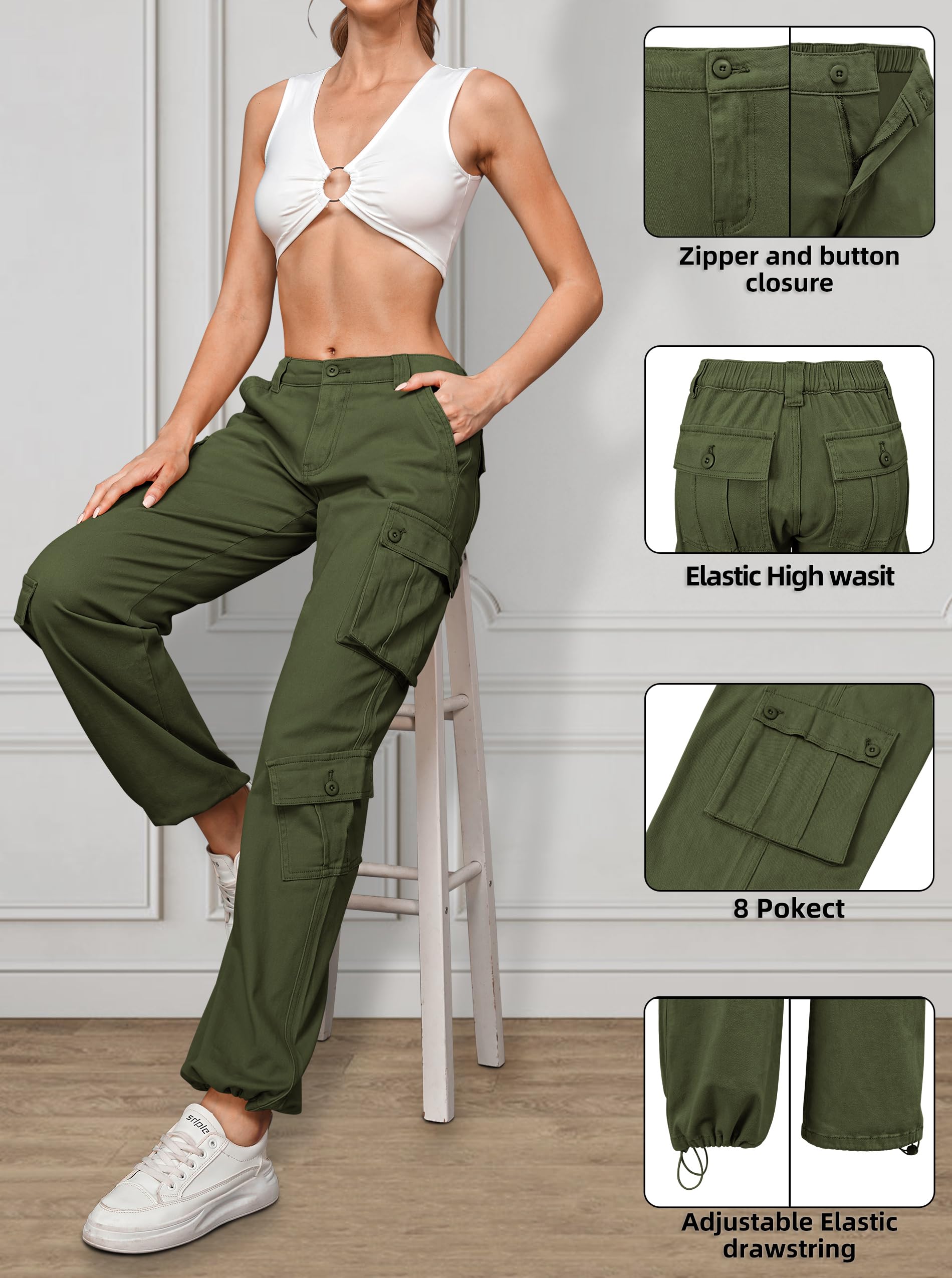 ZMPSIISA Women Pants High Waisted Cargo Pants Combat Military Wide Leg Casual Trousers 8 Pockets(Green,Medium)