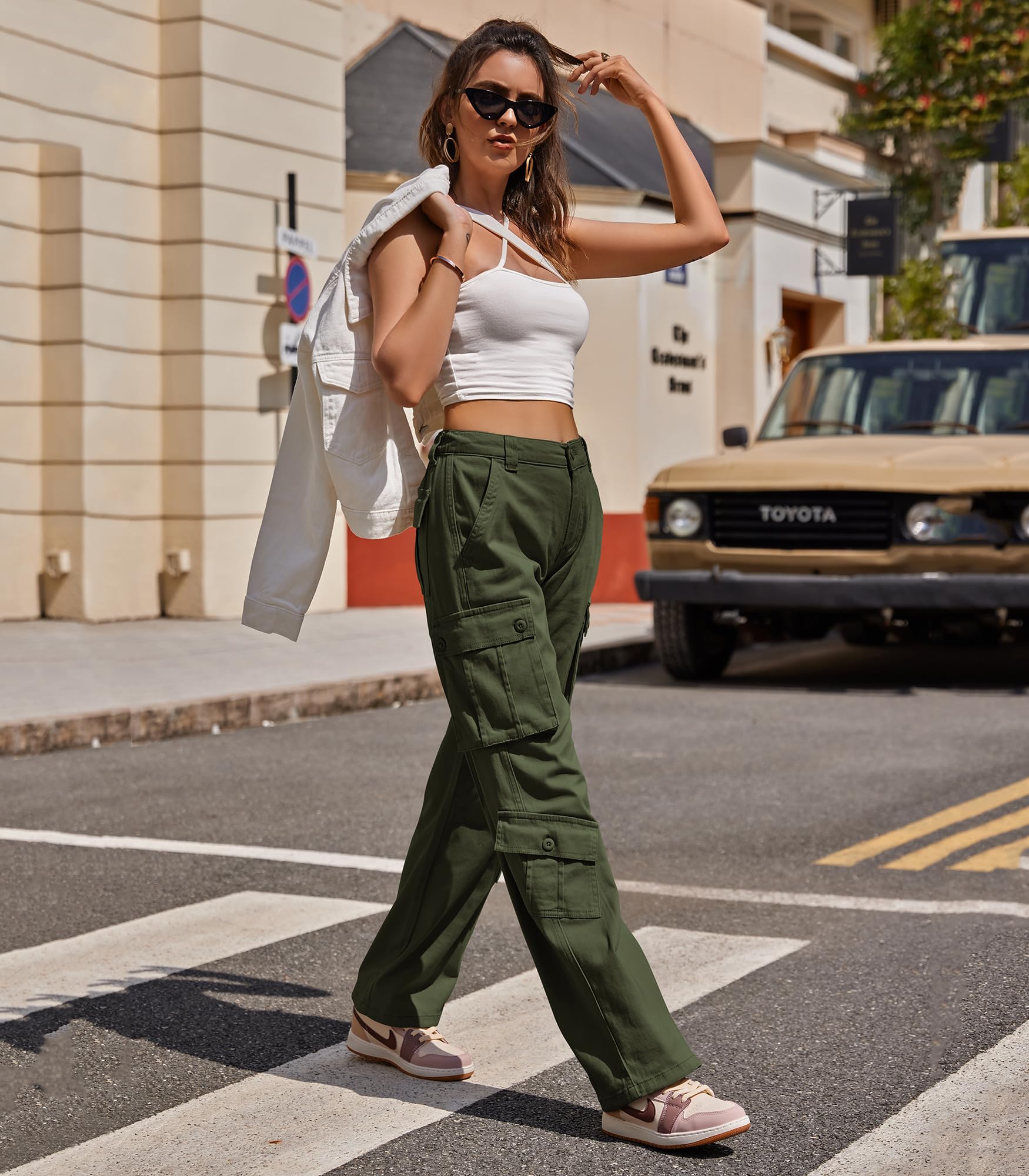 ZMPSIISA Women Pants High Waisted Cargo Pants Combat Military Wide Leg Casual Trousers 8 Pockets(Green,Medium)