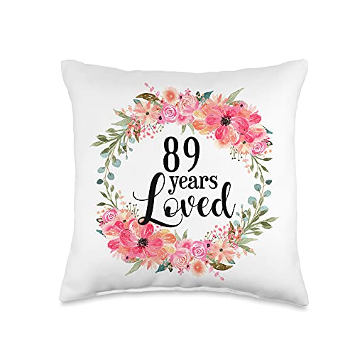 Floral 90 Years Loved Mom Grandma Birthday Gift Floral Loved 89 Year Old Grandma 89th Birthday Gift Throw Pillow, 16x16, Multicolor