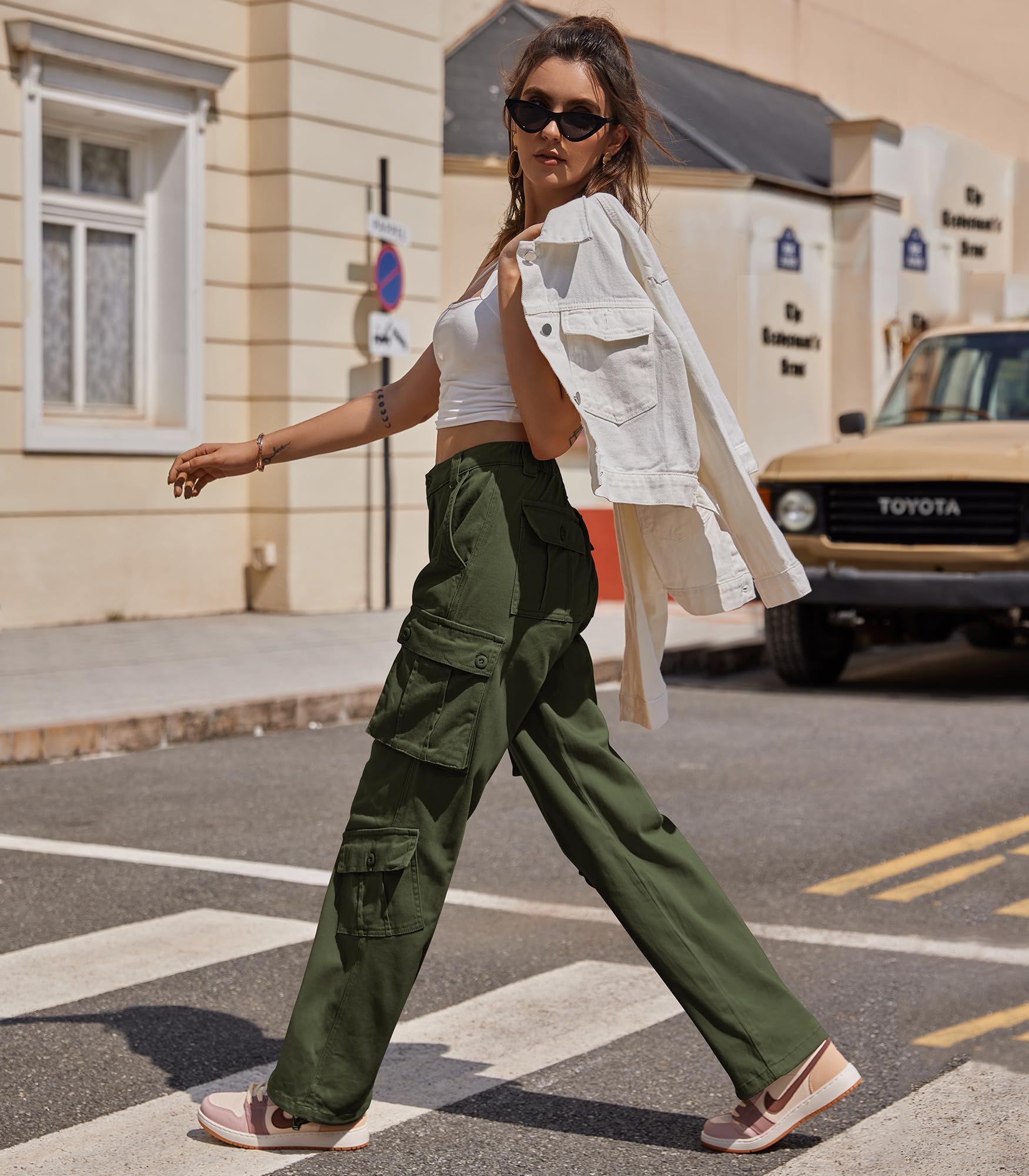 ZMPSIISA Women Pants High Waisted Cargo Pants Combat Military Wide Leg Casual Trousers 8 Pockets(Green,Medium)