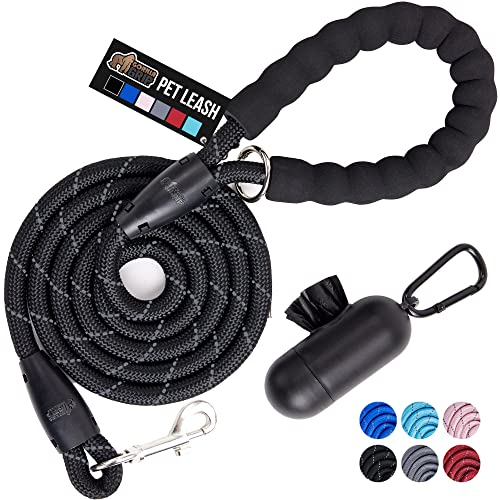 Gorilla Grip Heavy Duty Dog Leash, Soft Handle, Strong Reflective Rope for Night Walking, Small Medium Large Dogs, Durable Puppy Training Leashes, Rotating Metal Clip, Waste Bag Dispenser, Black