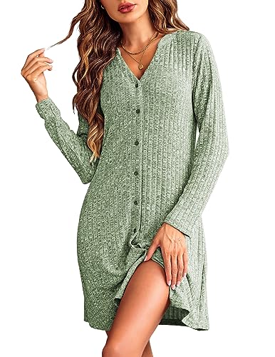Ekouaer Warm Nightgowns for Women Long Sleeve Sleepshirt V Neck Sexy pj dress Button Down Sleepwear Green