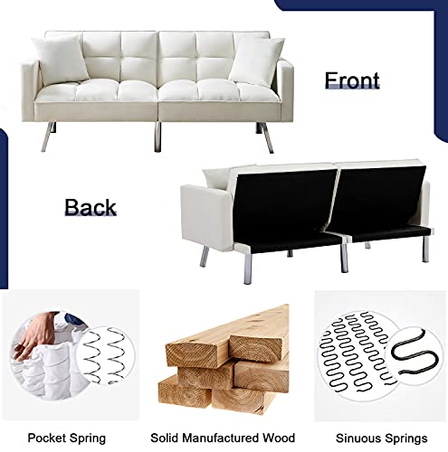 Velvet Convertible Futon Sofa Bed with Two Pillows, Modern Upholstered Sleeper Sofa Couch with 3 Adjustable Backrests and 6 Solid Metal Legs, Twin Size Loveseat Recliner for Living Room (Off White)