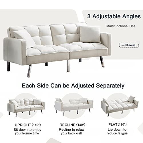 Velvet Convertible Futon Sofa Bed with Two Pillows, Modern Upholstered Sleeper Sofa Couch with 3 Adjustable Backrests and 6 Solid Metal Legs, Twin Size Loveseat Recliner for Living Room (Off White)