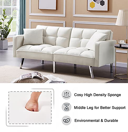 Velvet Convertible Futon Sofa Bed with Two Pillows, Modern Upholstered Sleeper Sofa Couch with 3 Adjustable Backrests and 6 Solid Metal Legs, Twin Size Loveseat Recliner for Living Room (Off White)