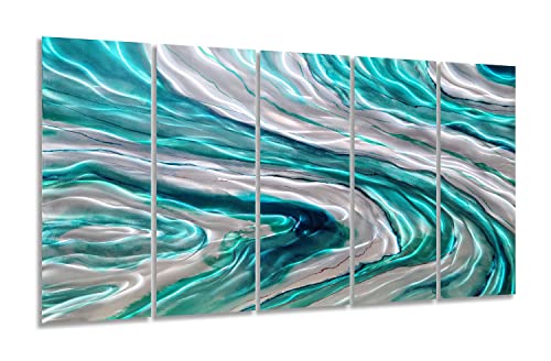 YHSKY ARTS Abstract Coastal Metal Art Wall Decor, Hand Crafted 5 Pieces Teal and Silver 3D Sculpture, Modern Sea Waves Aluminum Artwork for Living Room Bedroom Bathroom Decor