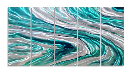 YHSKY ARTS Abstract Coastal Metal Art Wall Decor, Hand Crafted 5 Pieces Teal and Silver 3D Sculpture, Modern Sea Waves Aluminum Artwork for Living Room Bedroom Bathroom Decor