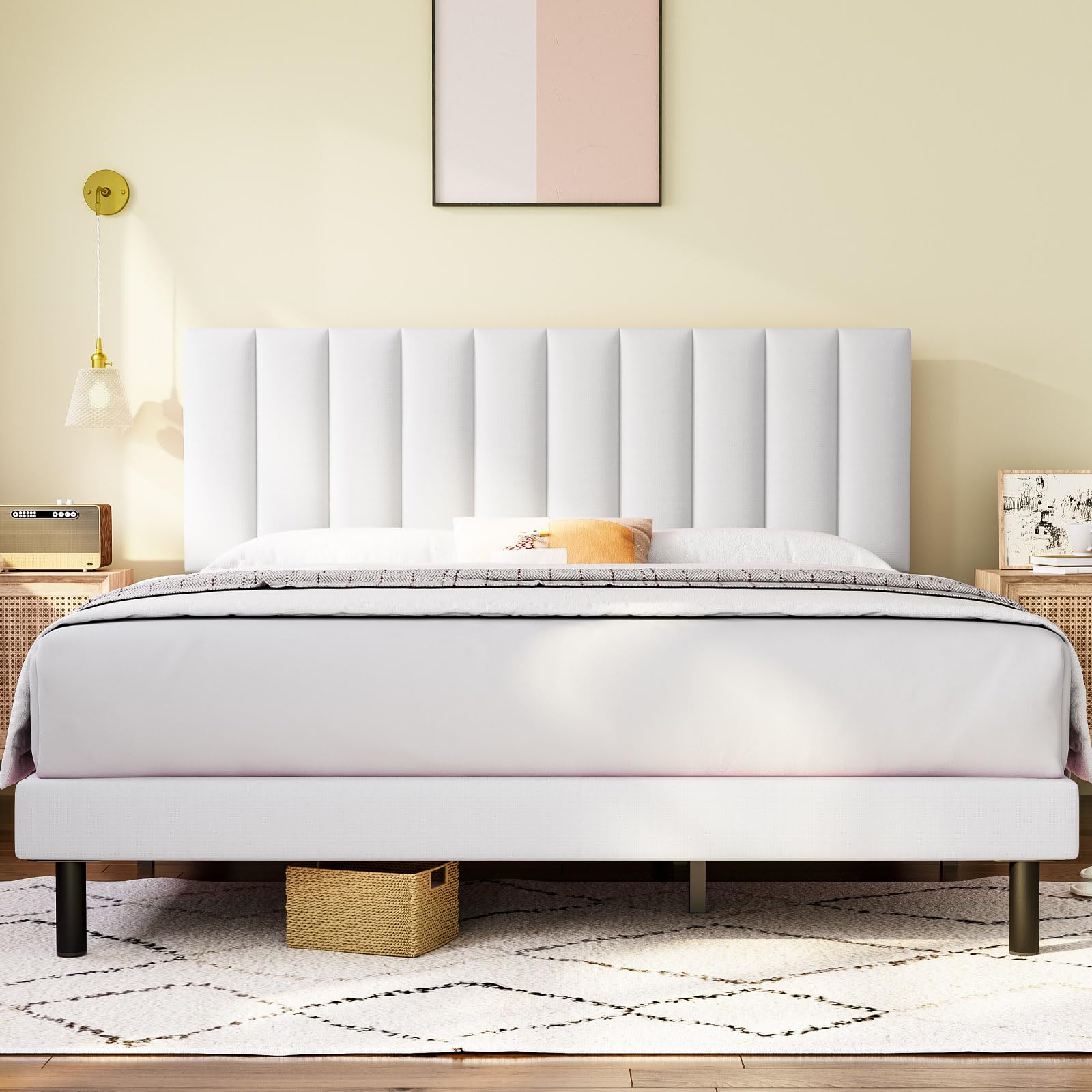 Molblly King Size Bed Frame Upholstered Platform with Headboard and Strong Wooden Slats,Mattress Foundation,Non-Slip,No Box Spring Needed, Easy Assembly, White