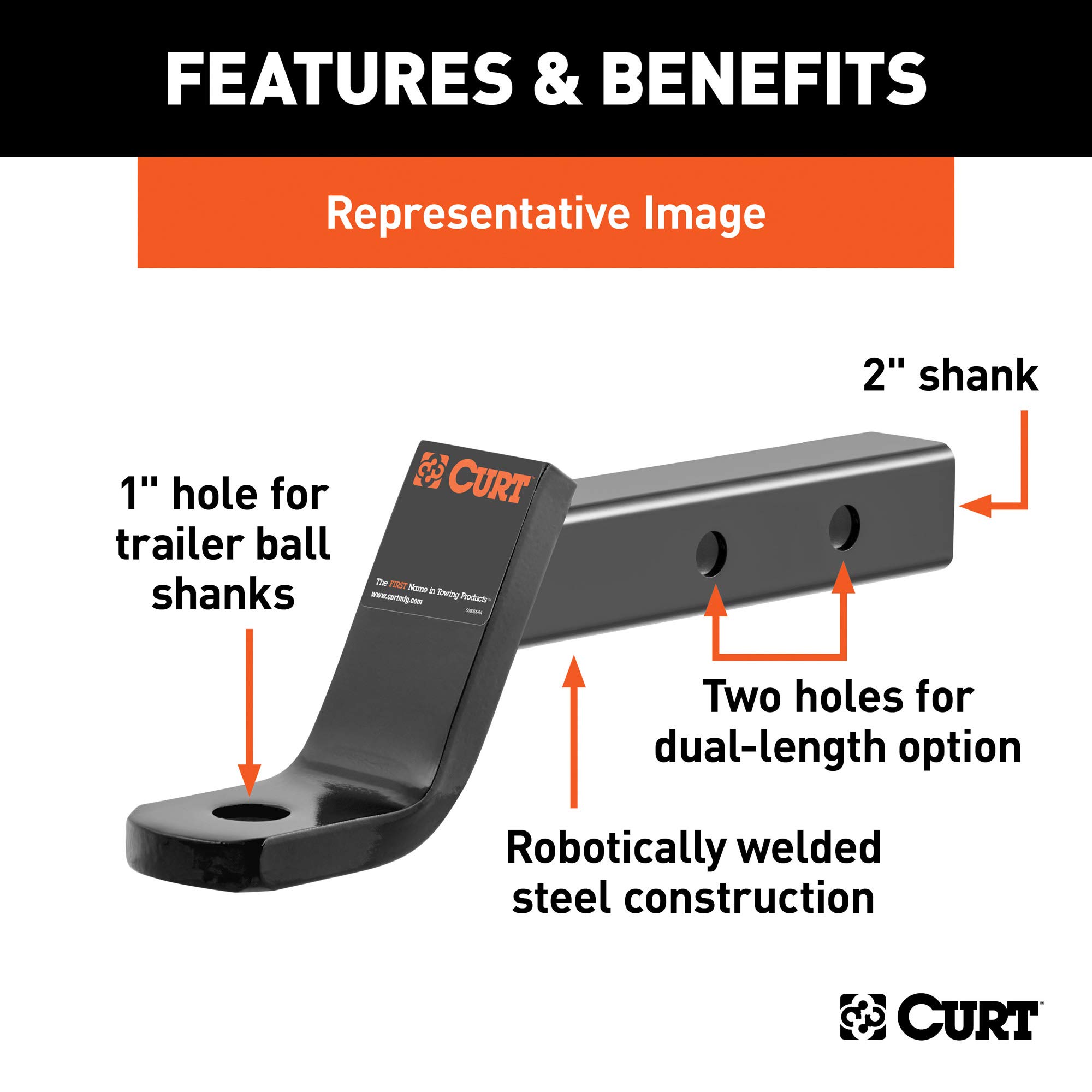 CURT 45230 Dual Length Trailer Hitch Ball Mount, 8-1/8-Inch or 11-1/8-Inch Length, Fits 2-Inch Receiver, 7,500 lbs, 1-Inch Hole, 4-Inch Drop, 2-In Rise