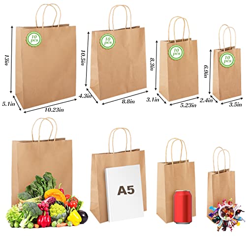 TOMNK 40pcs Brown Paper Bags with Handles Mixed Size Kraft Paper Bags, Gift Bags Bulk for Gifts, Shopping, Packaging, Merchandise, Grocery and Craft (4 Sizes)