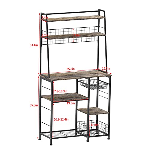 Kitchen Baker’s Rack with Storage Coffee Bar Station, 68inch Microwave Oven Stand with Pull-out Wire Basket 12 Hooks,5 Tier Storage Shelf with Mesh Panels for Utensils, Pots, Pans, Spices