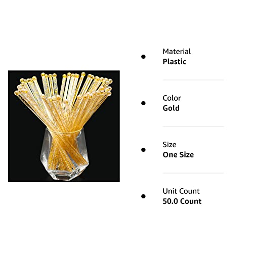 hapray 50-PCS Gold Glitter Plastic Swizzle Sticks, Crystal Cake Pops, Cocktail Coffee Drink Stirrers, Lolipop Stick, 7.24 Inch