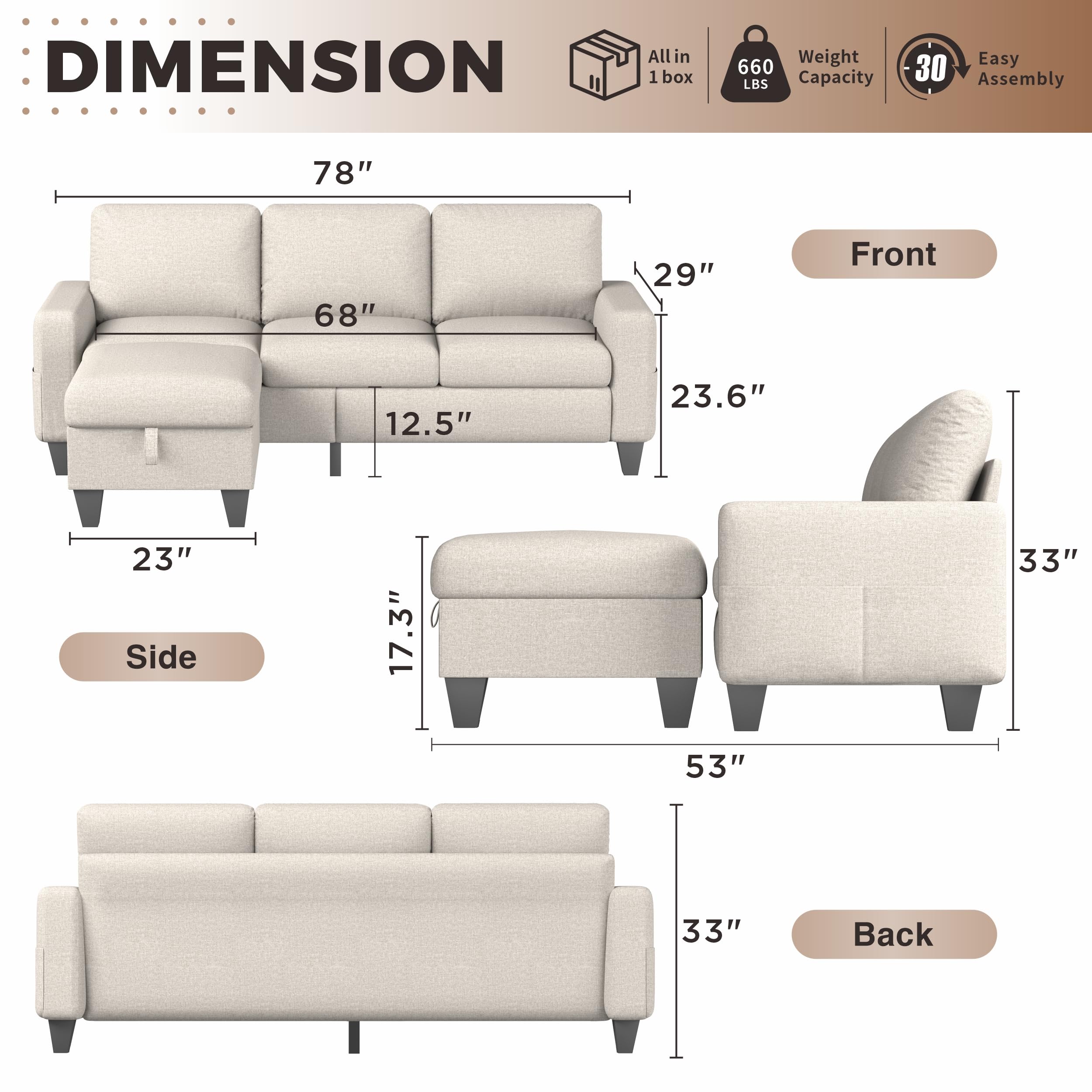 Youmumeub Sectional Sofa, L Shaped Couches for Living Room with Movable Ottoman Small Beige Sofas Modular Furniture Set for Apartment Small Space Loft