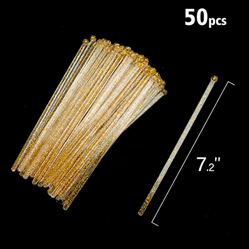 hapray 50-PCS Gold Glitter Plastic Swizzle Sticks, Crystal Cake Pops, Cocktail Coffee Drink Stirrers, Lolipop Stick, 7.24 Inch