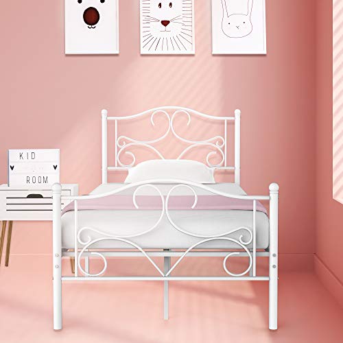 Amyove Curved Twin Size Metal Bed Frame with Storage for Kids, Platform Bed Frame with Headboard Footboard No Box Spring Needed White (Twin)