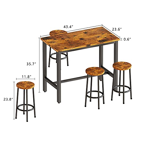 AWQM Bar Table Set, Kitchen Pub Table with 4 Stools, 5 Pieces Dining Table Set, Breakfast Table of 43.4 x 23.6 x 35.7 Inches, Stool of 11.8 x 11.8 x 23.8 Inches Each, Rustic Brown and Black