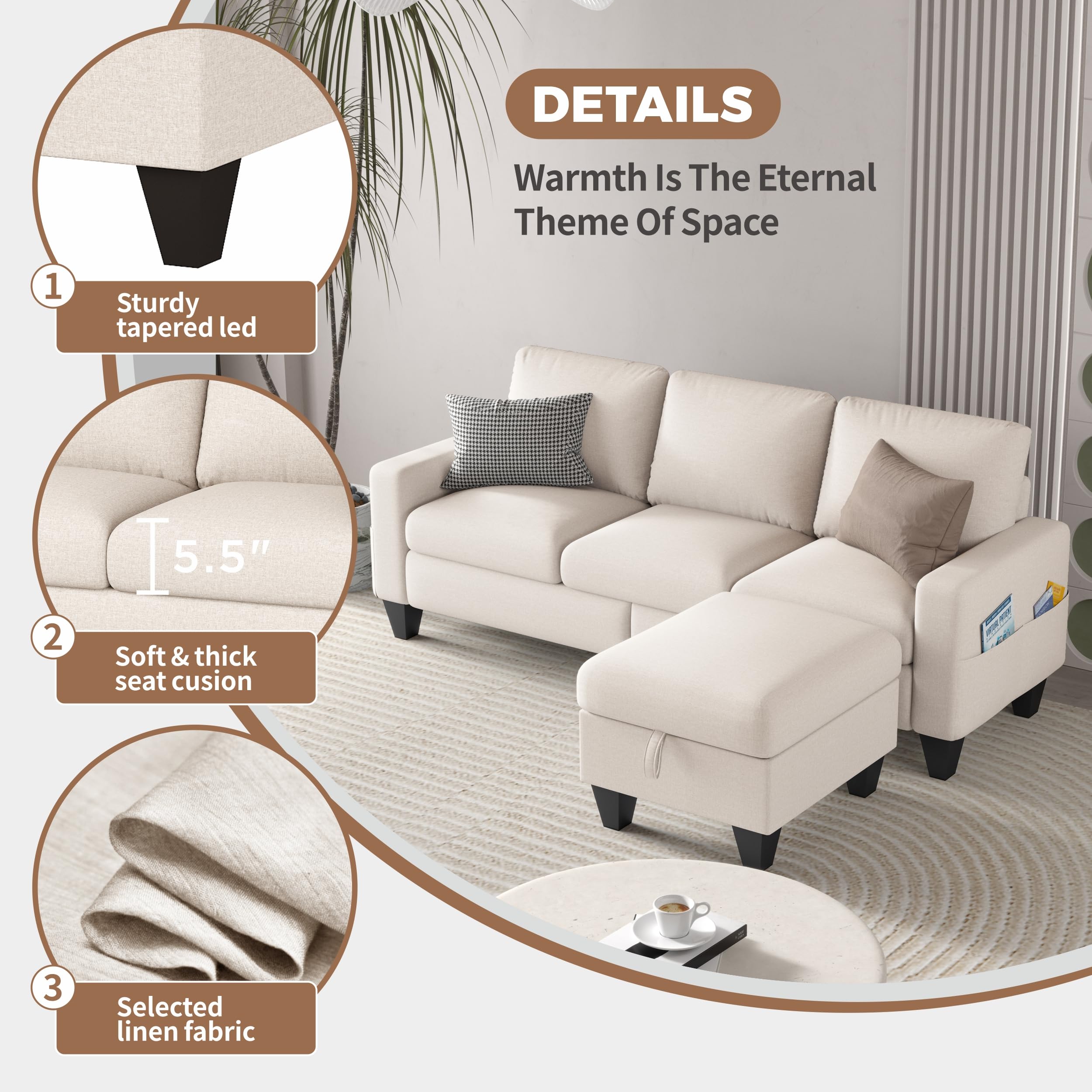 Youmumeub Sectional Sofa, L Shaped Couches for Living Room with Movable Ottoman Small Beige Sofas Modular Furniture Set for Apartment Small Space Loft