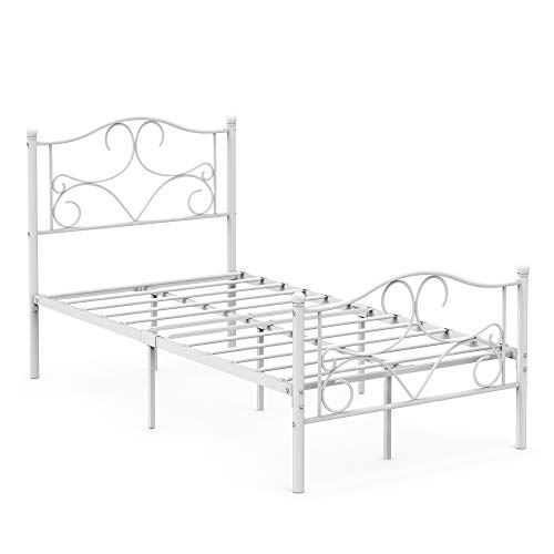 Amyove Curved Twin Size Metal Bed Frame with Storage for Kids, Platform Bed Frame with Headboard Footboard No Box Spring Needed White (Twin)