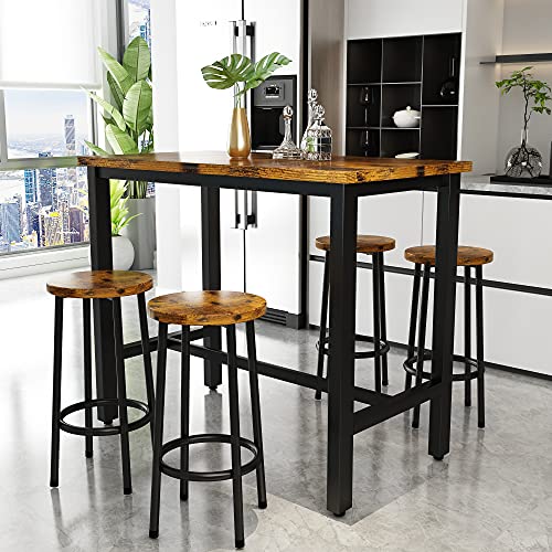 AWQM Bar Table Set, Kitchen Pub Table with 4 Stools, 5 Pieces Dining Table Set, Breakfast Table of 43.4 x 23.6 x 35.7 Inches, Stool of 11.8 x 11.8 x 23.8 Inches Each, Rustic Brown and Black