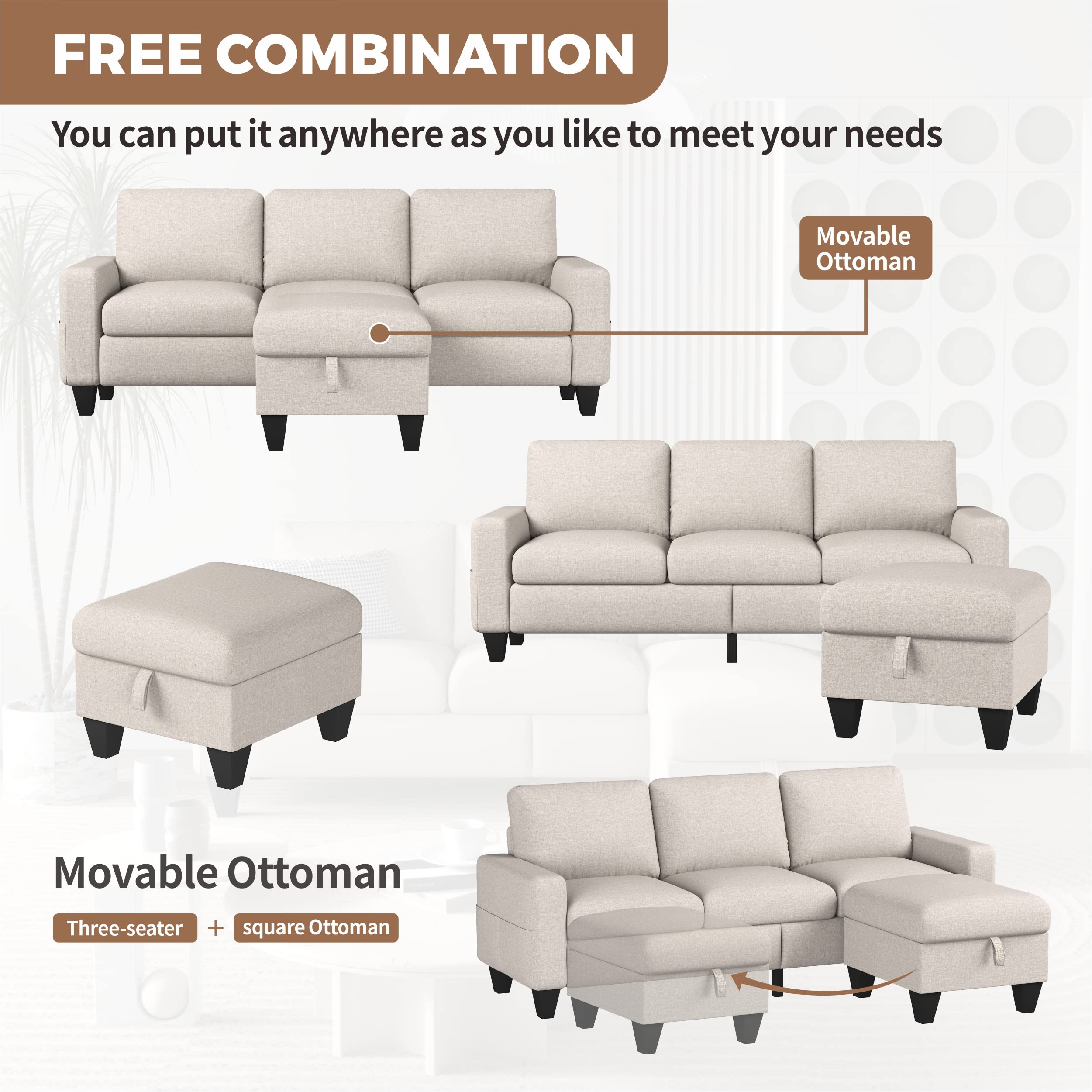 Youmumeub Sectional Sofa, L Shaped Couches for Living Room with Movable Ottoman Small Beige Sofas Modular Furniture Set for Apartment Small Space Loft