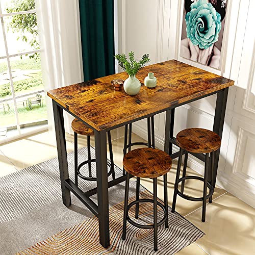 AWQM Bar Table Set, Kitchen Pub Table with 4 Stools, 5 Pieces Dining Table Set, Breakfast Table of 43.4 x 23.6 x 35.7 Inches, Stool of 11.8 x 11.8 x 23.8 Inches Each, Rustic Brown and Black
