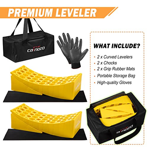 Cainozo RV Leveling Blocks Camper Leveler 2 Pack with Carrying Bag,Leveler Chocks Precise Camper Leveling Includes Two Curved Levelers,Two Rubber Grip Mats,Two Chocks,and A Carrying Bag Yellow