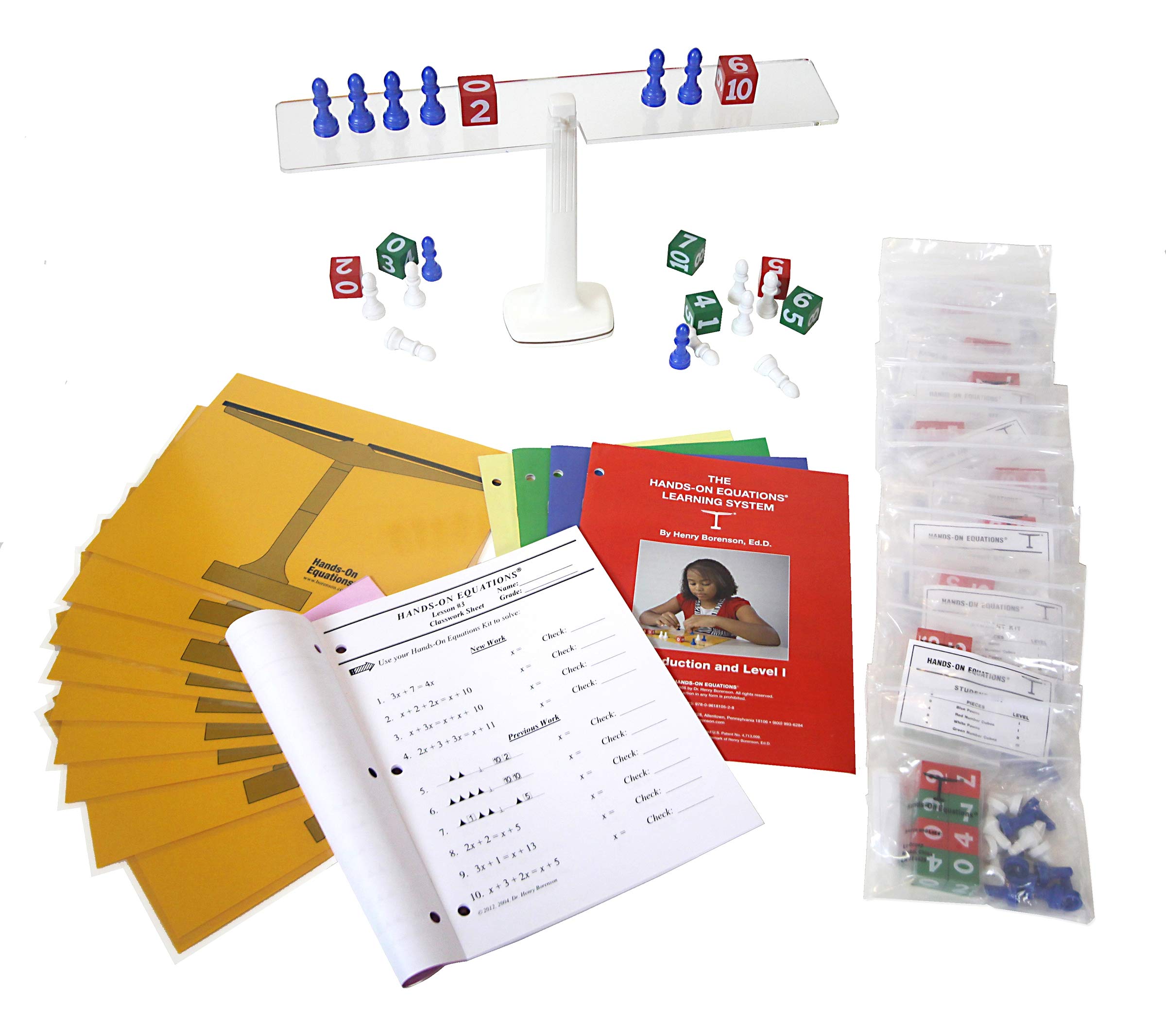 Hands-On Equations® Class Set for Teacher and 20 Students. Includes The Teacher Demonstration Balance Scale and Game Pieces and 20 Sets of Student Manipulatives. Grade 3 and up.