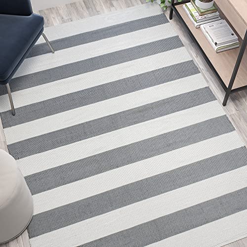 Flash Furniture Melissa Indoor/Outdoor Area Rug - Grey & White - Cabana Striped - 5' x 7' - Stain Resistant