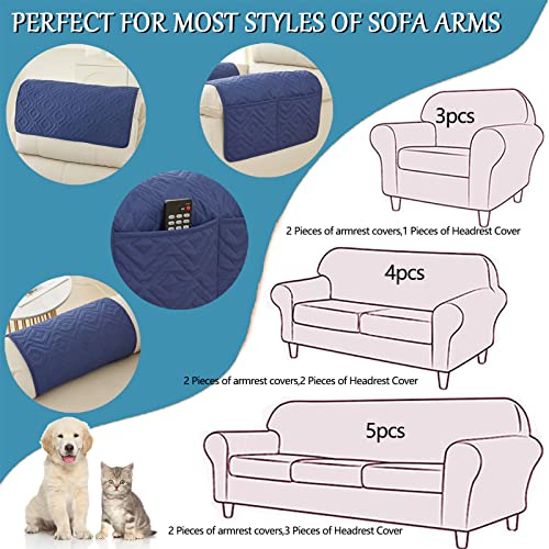 EXTLEZSA Water Proof Sofa Armrest Cover, 1/2/3 Seater Sofa Headrest Slipcovers with Pocket Nonslip Armchair Cover Quilted Furniture Protector for Recliner Leather Sofa Couch (Navy,1 Seat 3 pc)