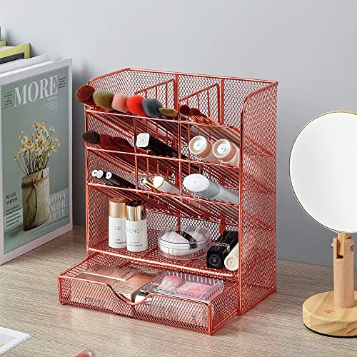 Spacrea Pen Holder Desk Organizer - Desk Organizers and Accessories, Pencil Holder with 10 Compartments and 1 Drawer(Rose Gold)