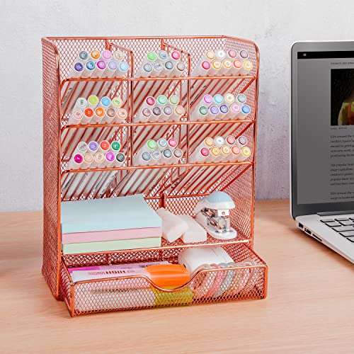 Spacrea Pen Holder Desk Organizer - Desk Organizers and Accessories, Pencil Holder with 10 Compartments and 1 Drawer(Rose Gold)
