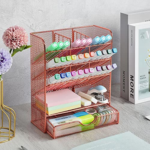 Spacrea Pen Holder Desk Organizer - Desk Organizers and Accessories, Pencil Holder with 10 Compartments and 1 Drawer(Rose Gold)
