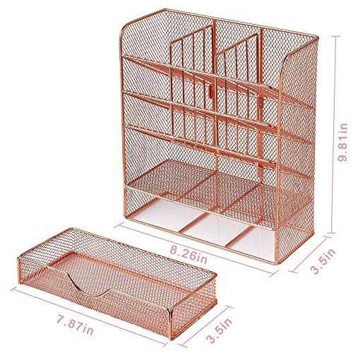 Spacrea Pen Holder Desk Organizer - Desk Organizers and Accessories, Pencil Holder with 10 Compartments and 1 Drawer(Rose Gold)