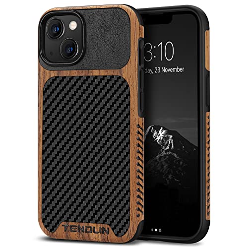 TENDLIN Compatible with iPhone 13 Mini Case Wood Grain with Carbon Fiber Texture Design Leather Hybrid Case Compatible for iPhone 13 Mini 5.4-inch Released in 2021 Black