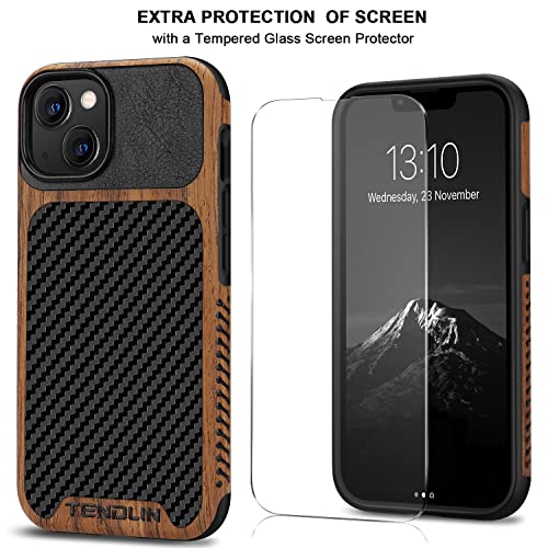 TENDLIN Compatible with iPhone 13 Mini Case Wood Grain with Carbon Fiber Texture Design Leather Hybrid Case Compatible for iPhone 13 Mini 5.4-inch Released in 2021 Black