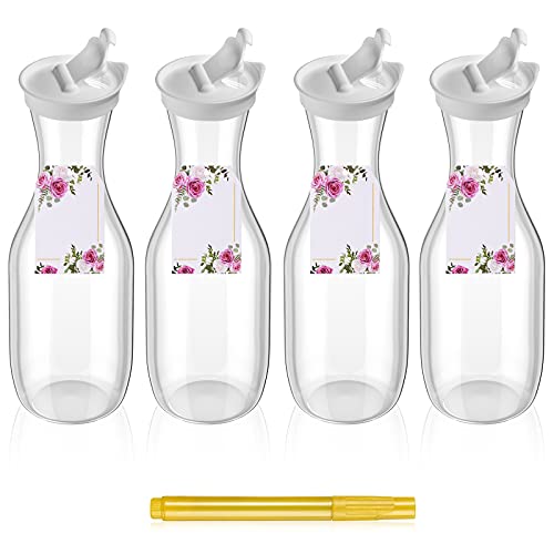 4 Pack Clear Plastic Water Carafes 50 Oz Beverage Pitcher Carafe with Flip top Lids and 16.4 Ft Rope 30 pieces Paper Cards for Tea Juice Water iced Coffee, Narrow Neck Design
