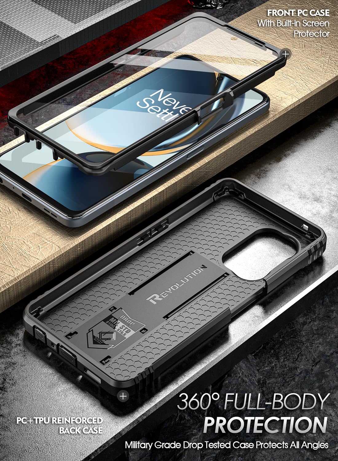 Poetic Revolution Case for OnePlus Nord N30 5G, [20FT Mil-Grade Drop Tested], Full-Body Rugged Dual-Layer Shockproof Protective Cover with Kickstand and Built-in-Screen Protector, Black