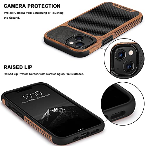 TENDLIN Compatible with iPhone 13 Mini Case Wood Grain with Carbon Fiber Texture Design Leather Hybrid Case Compatible for iPhone 13 Mini 5.4-inch Released in 2021 Black