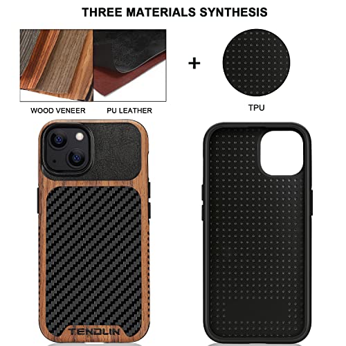 TENDLIN Compatible with iPhone 13 Mini Case Wood Grain with Carbon Fiber Texture Design Leather Hybrid Case Compatible for iPhone 13 Mini 5.4-inch Released in 2021 Black