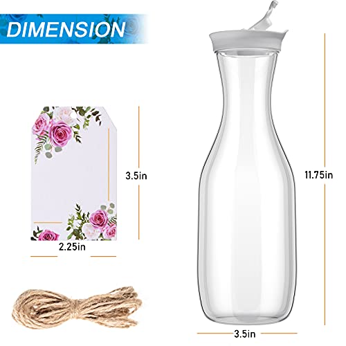 4 Pack Clear Plastic Water Carafes 50 Oz Beverage Pitcher Carafe with Flip top Lids and 16.4 Ft Rope 30 pieces Paper Cards for Tea Juice Water iced Coffee, Narrow Neck Design